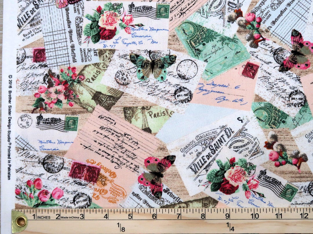 Paris Duck Cloth Cotton Fabric - Vintage Postcard Floral Collage ...