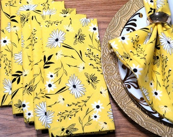 Bees Cloth Lunch Napkins - Honey Bees, Beehive Floral, Honeybee Spring ...