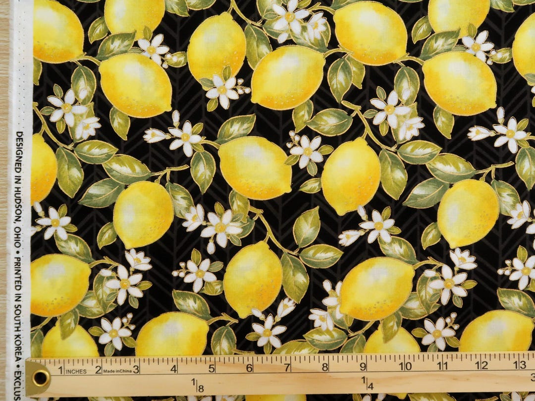Lemons 100% Cotton Fabric - Lemons on Black - Food Fabric, Floral Meyer ...