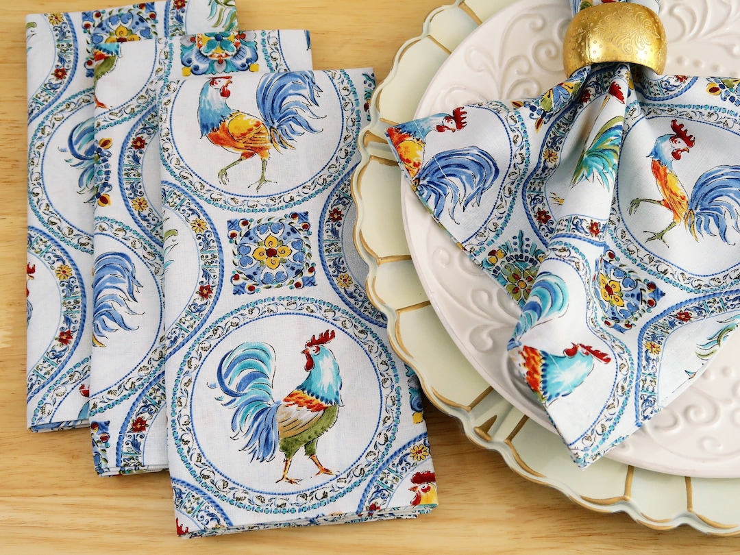 Rooster Cloth Dinner Napkins: French Country Tile Roosters - Vintage ...