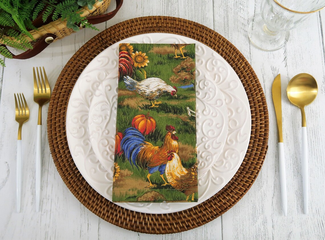 Farm Scene Cloth Dinner Napkins: Roosters & Sunflowers - Country ...