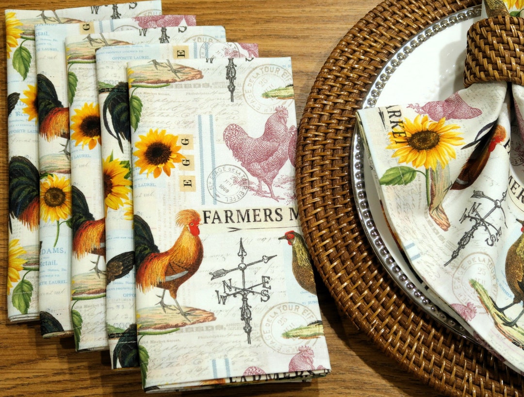 Chicken Cotton Fabric Cloth Dinner Napkins - Chickens & Sunflowers ...