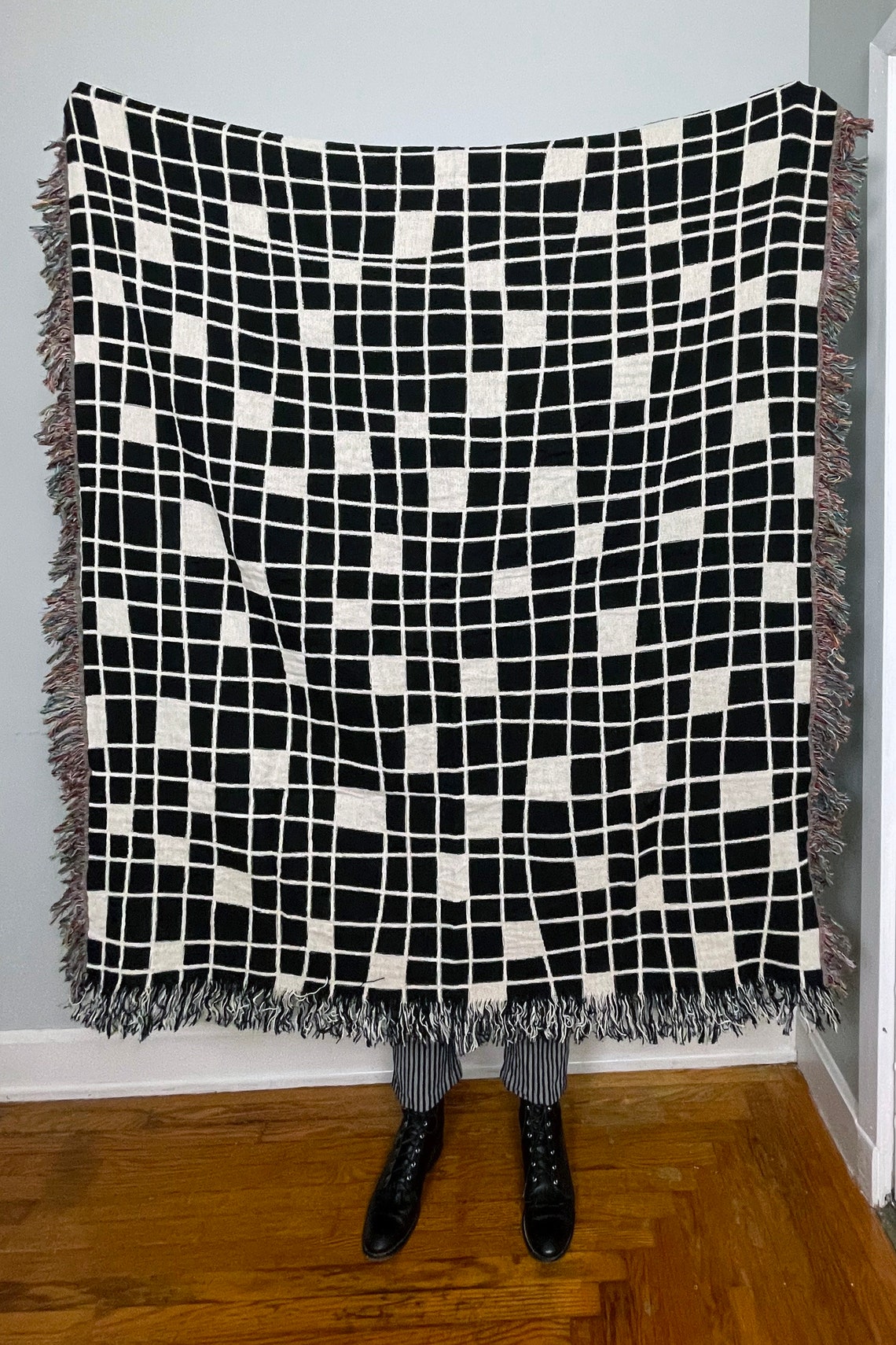 Checkered Pattern Woven Blanket Wavy Lines Black & off White - Etsy