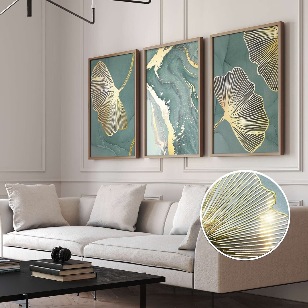Mint Ginko Real Gold Set of 3 Posters 50x70cm, Nature-inspired Wall Art ...