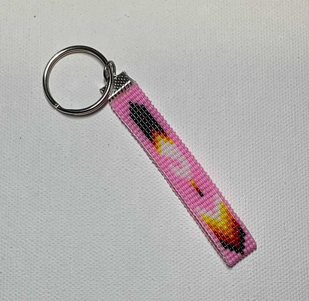 Pink Feather Design Loom Beaded Keychain - Etsy