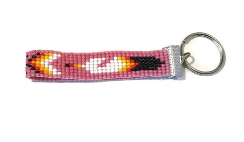 Pink Feather Design Loom Beaded Keychain | Etsy