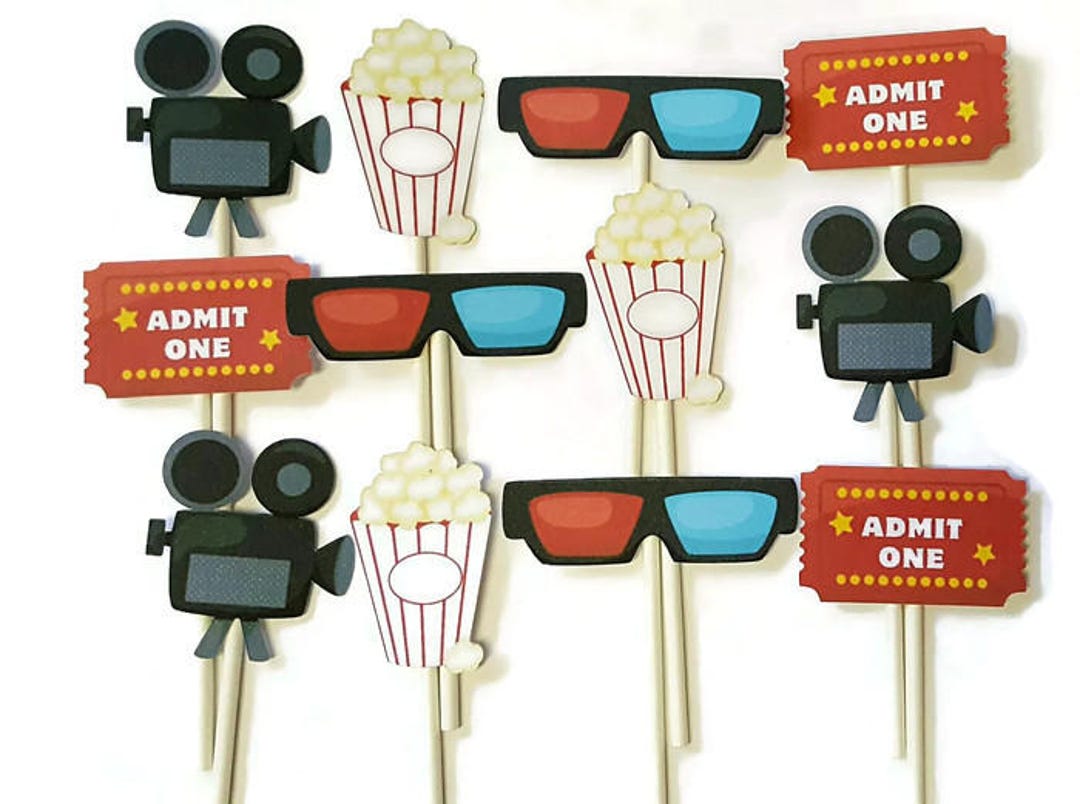 Movie Themed Cupcake Toppers Set of 12, Film Theme, Popcorn, 3d ...