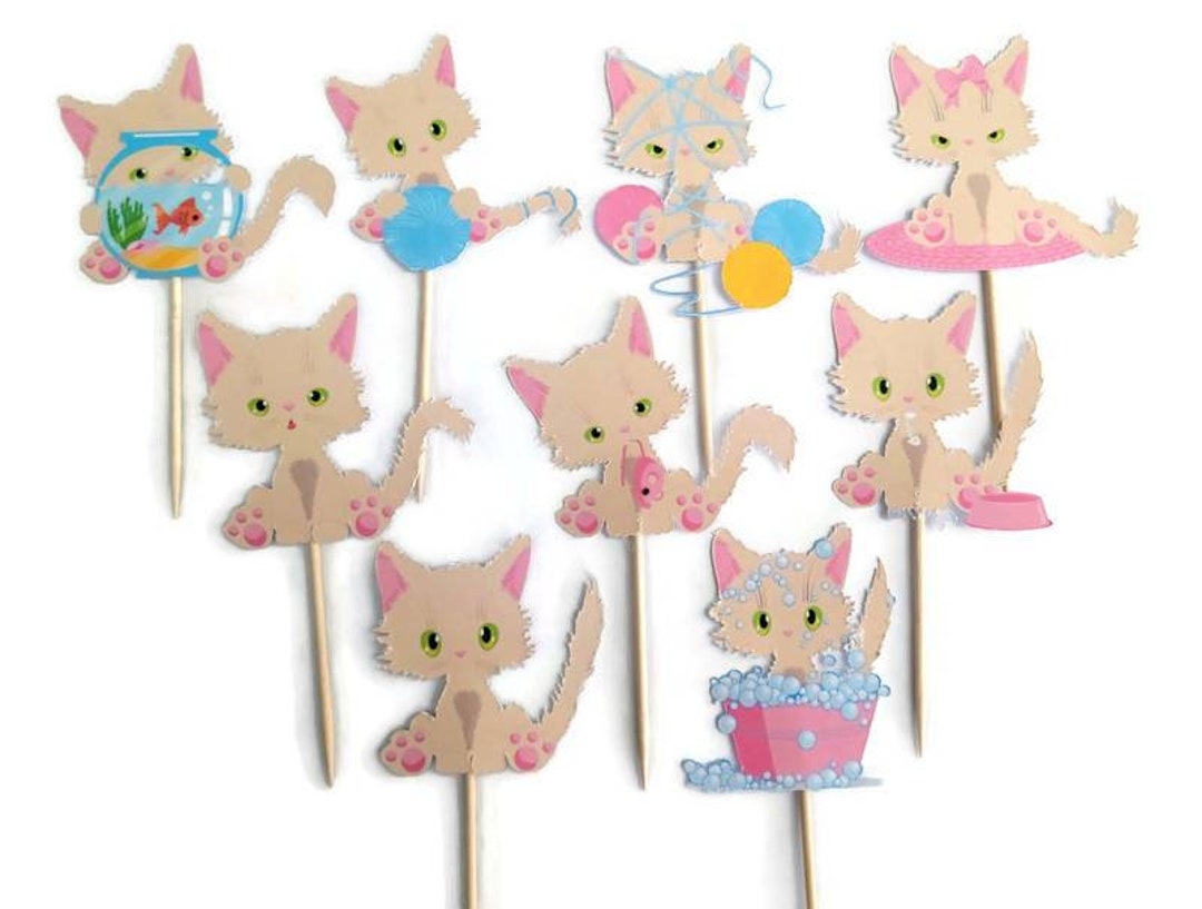 Cat Cupcake Toppers - Set of 12 Cats, Kitty Cupcakes, Food Picks, Party ...