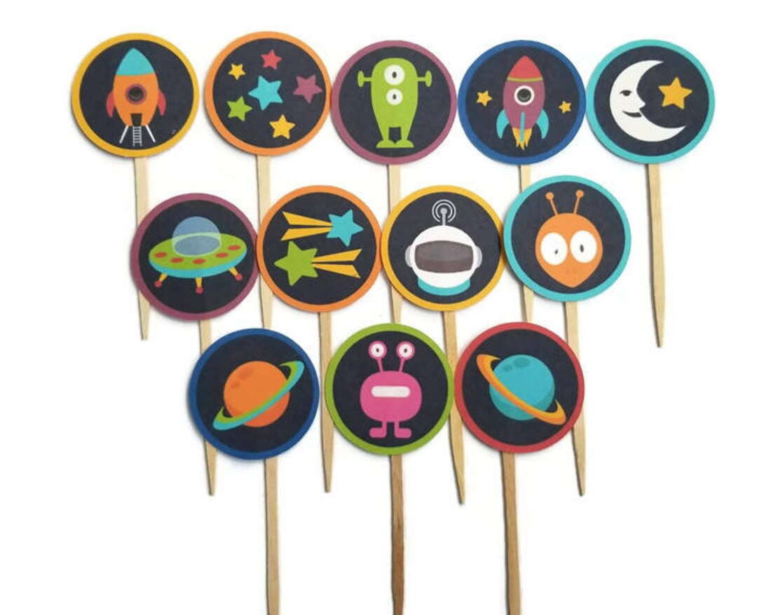 Space Cupcake Toppers - Set of 12 Double Sided, Space Party, Space ...