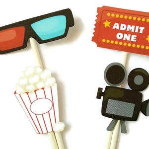 Movie Themed Cupcake Toppers Set of 12, Film Theme, Popcorn, 3d ...