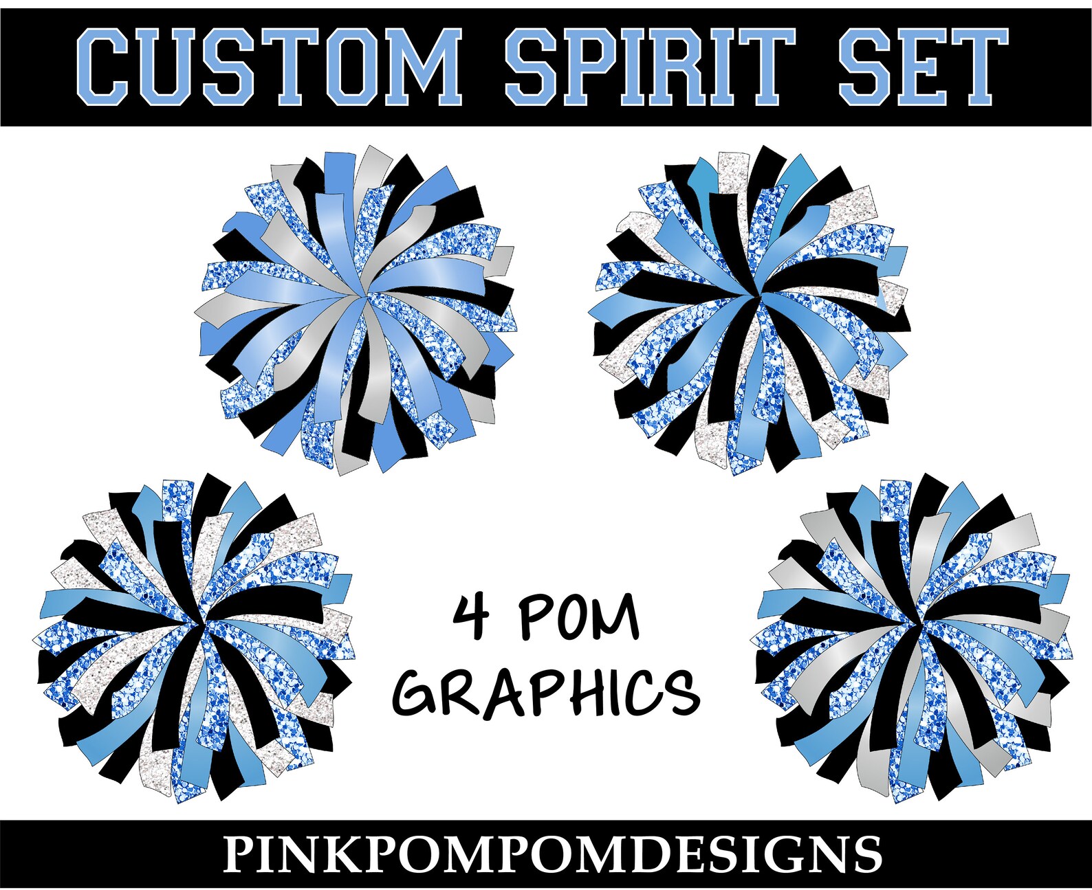 Glitter and Glam Custom Cheer Digital Clip Art - Black and Light Blue ...