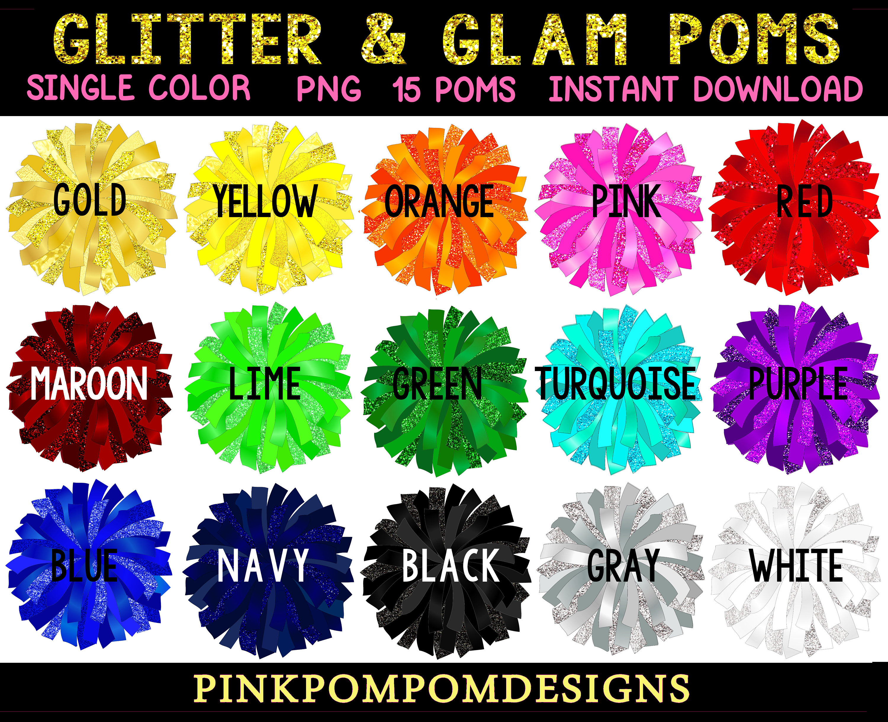 Pom Pom clipart set glitter and glam single color gold pom | Etsy