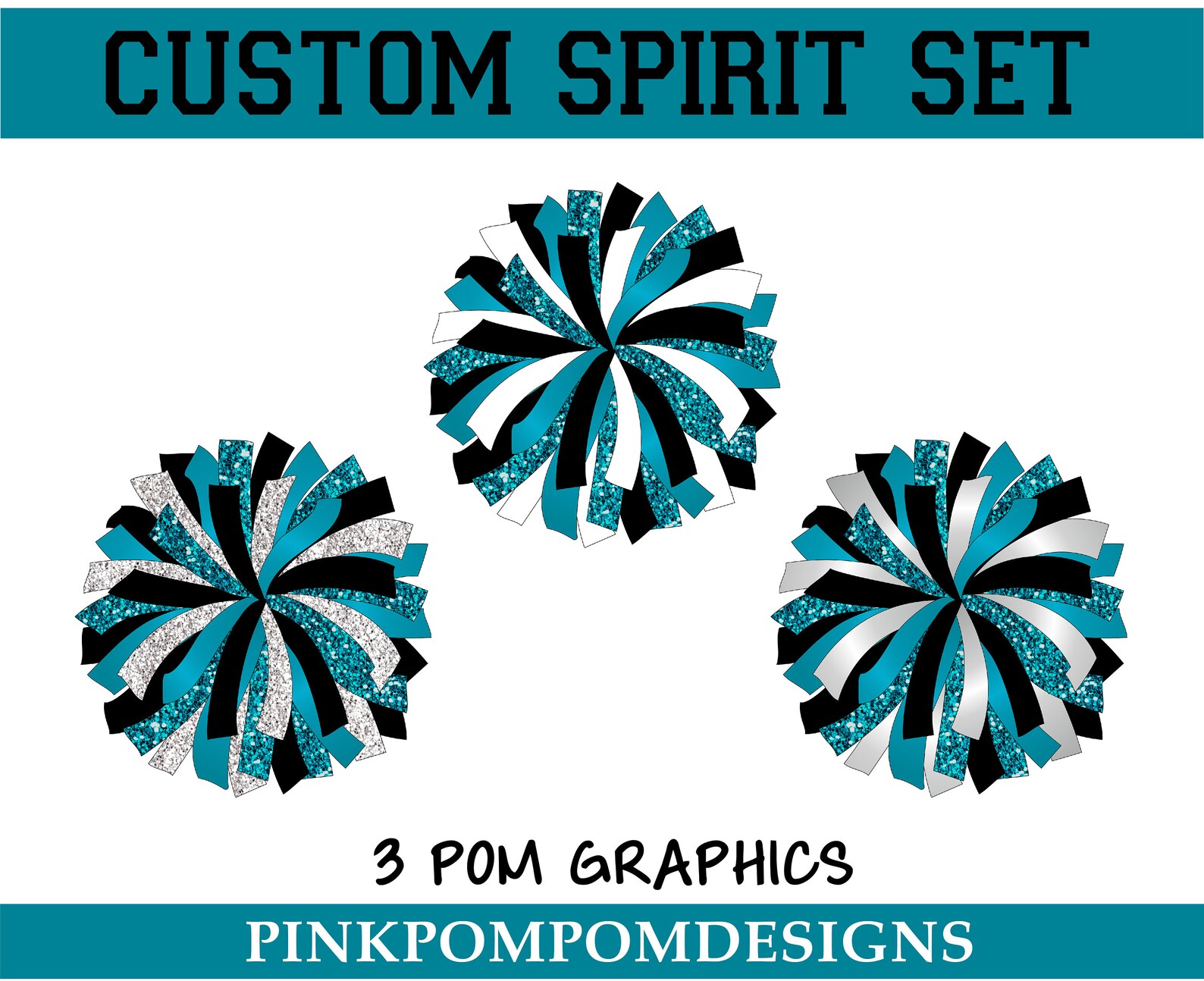 Glitter and Glam Custom Cheer Digital Clip Art - Black and Teal - PNG ...