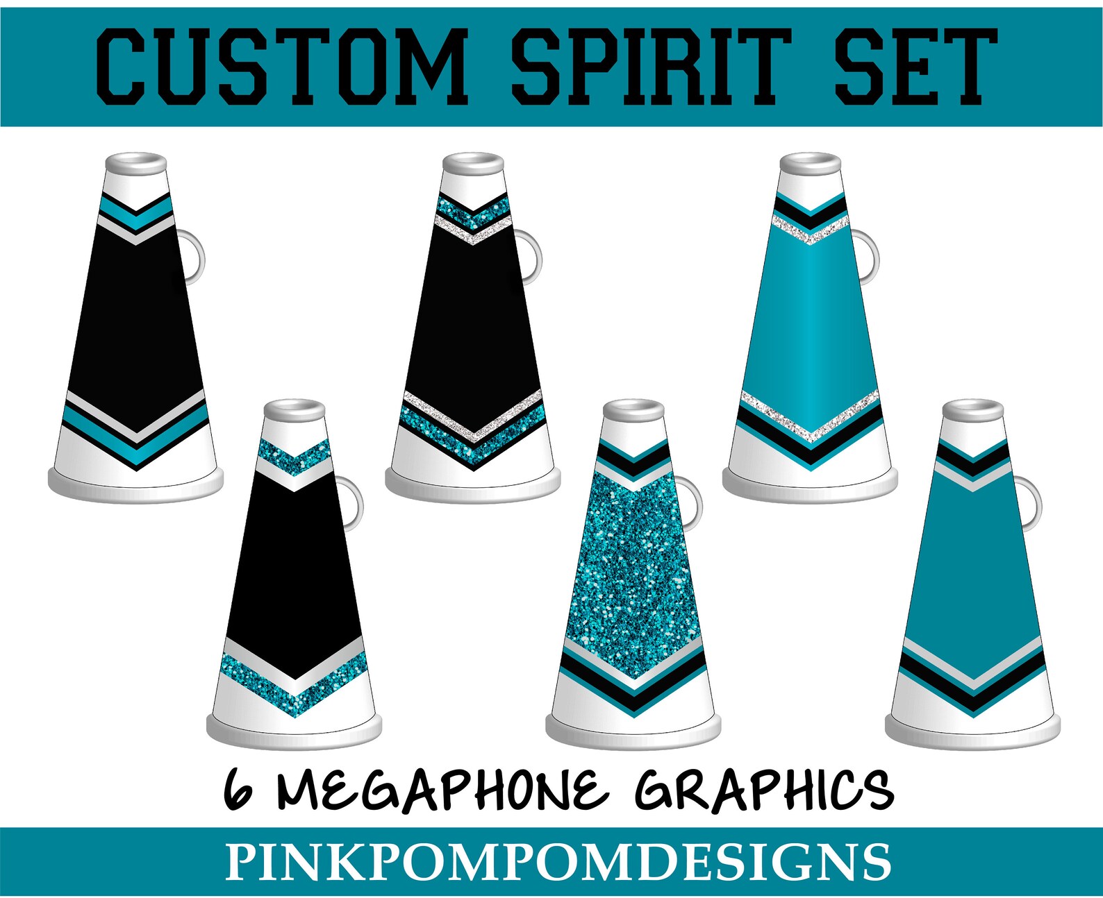 Glitter and Glam Custom Cheer Digital Clip Art - Black and Teal - PNG ...