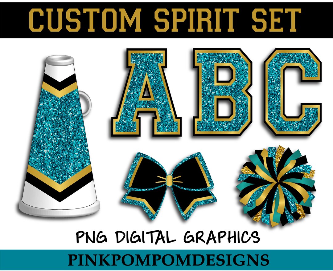 Glitter and Glam Custom Cheer Digital Clip Art - Black, Teal, Gold ...
