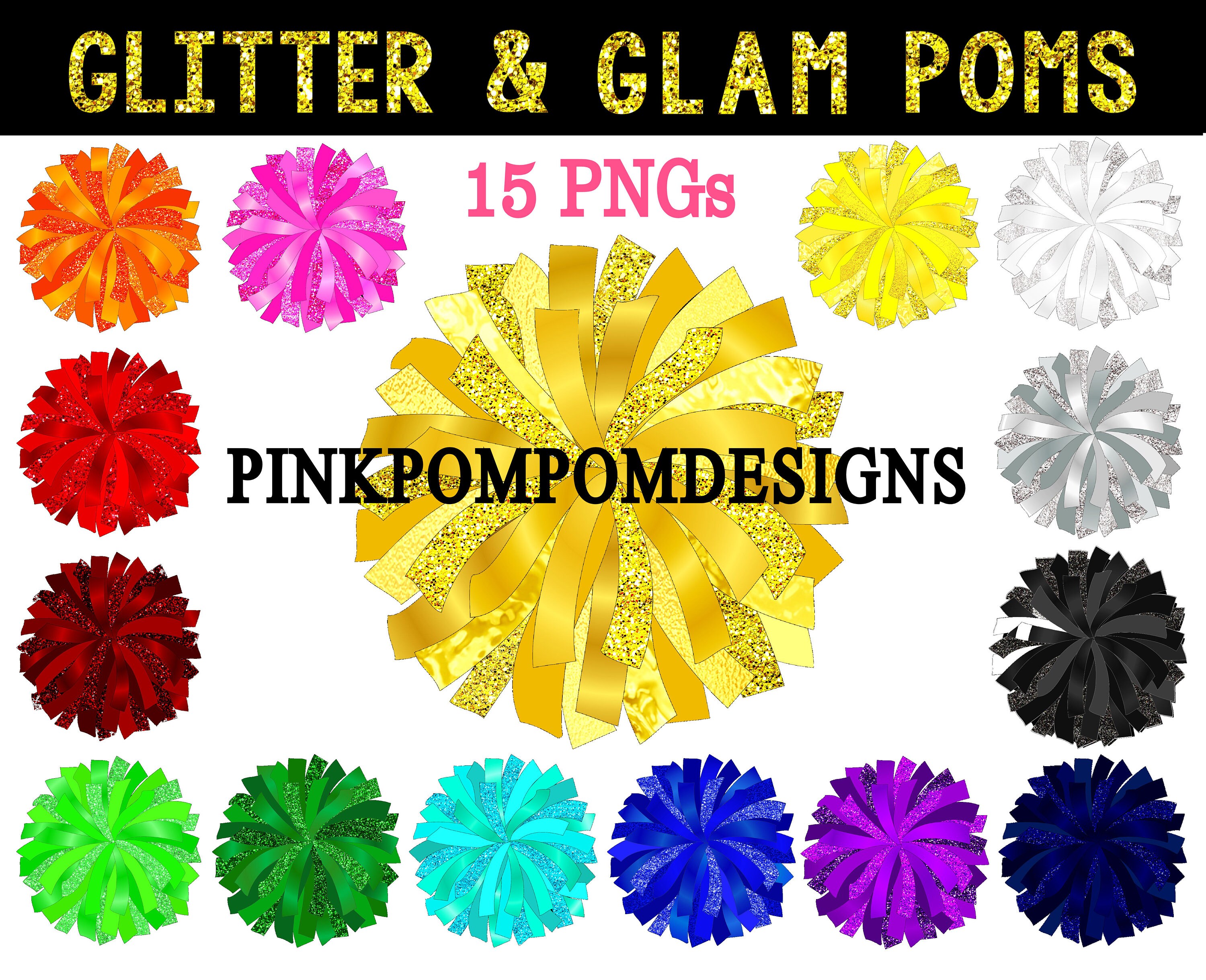 Pom Pom Clipart Set Glitter and Glam Single Color Gold Pom | Etsy