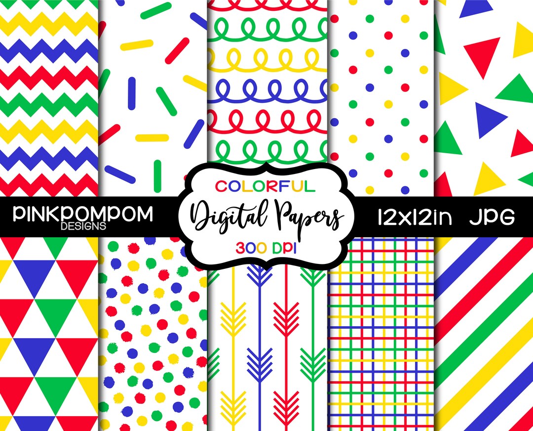 Colorful Digital Paper Set – Rainbow Digital Paper - Primary Colors ...