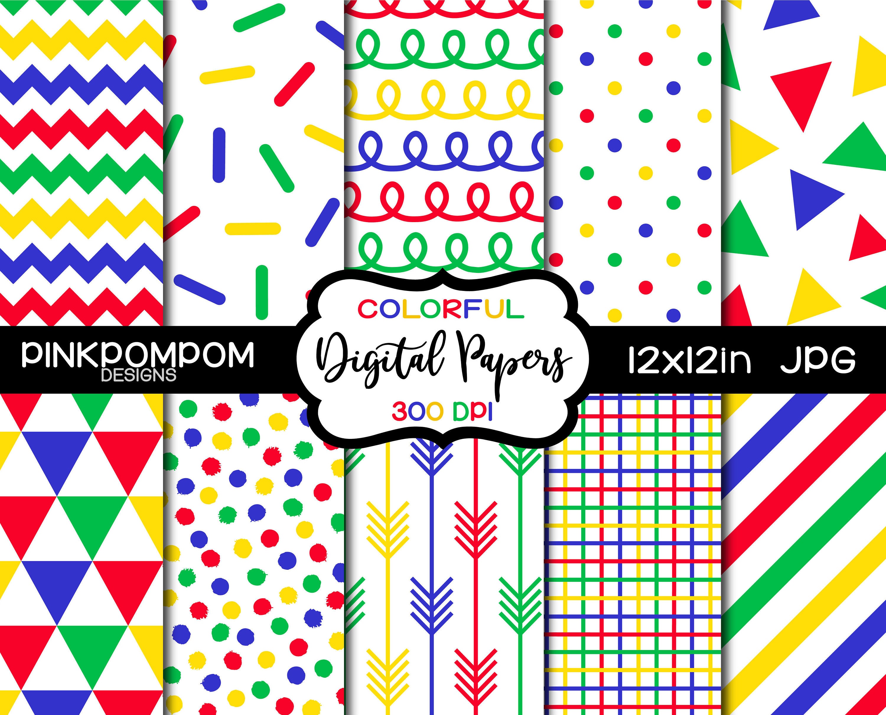Colorful digital paper set rainbow digital paper primary | Etsy