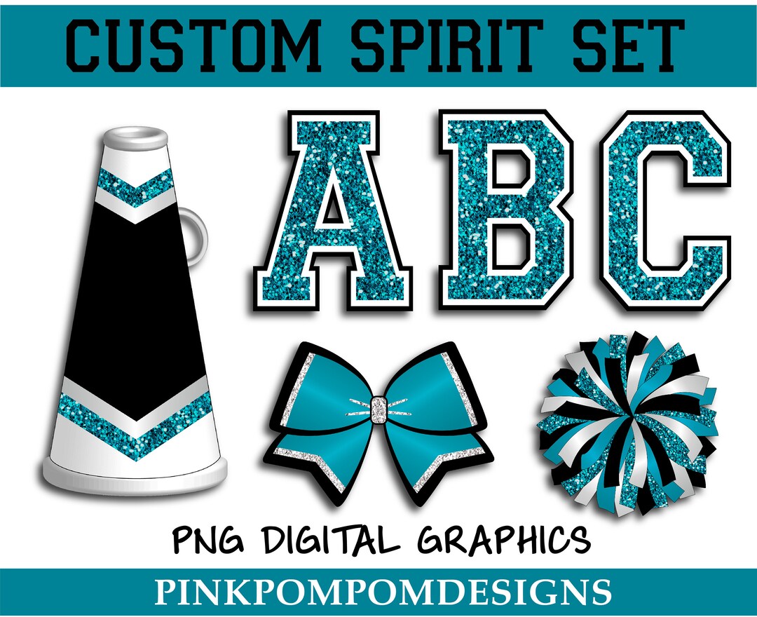 Glitter and Glam Custom Cheer Digital Clip Art - Black and Teal - PNG ...