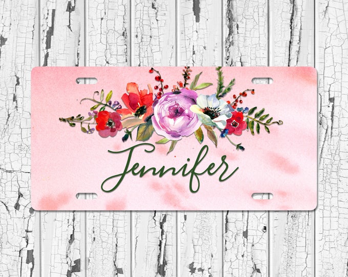 Monogram Name Watercolor Pink License Plate! Floral, Front License ...