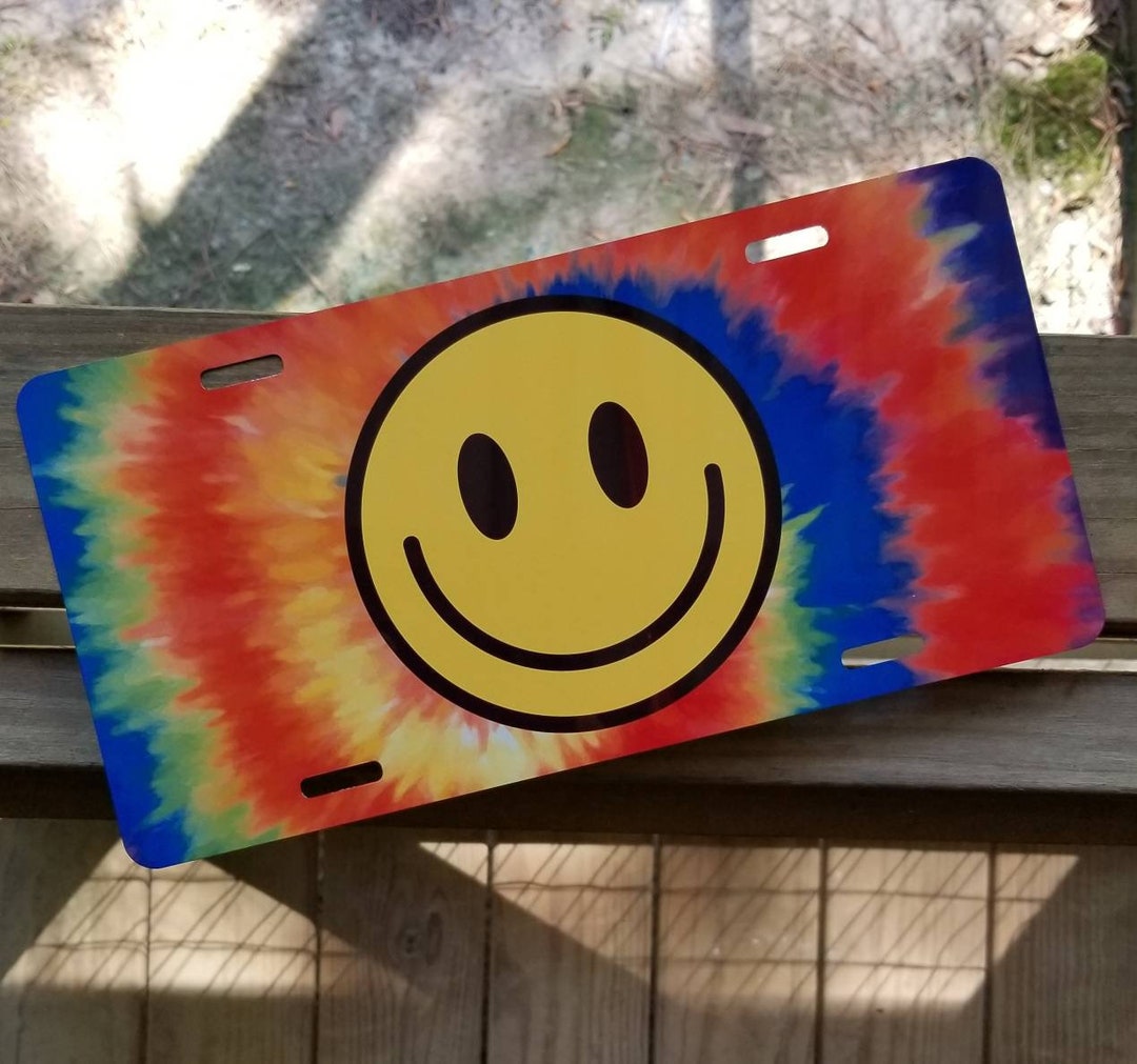Tie Dye Hippie Retro Smiley Face License Plate. Bright Tie Dye Colors ...