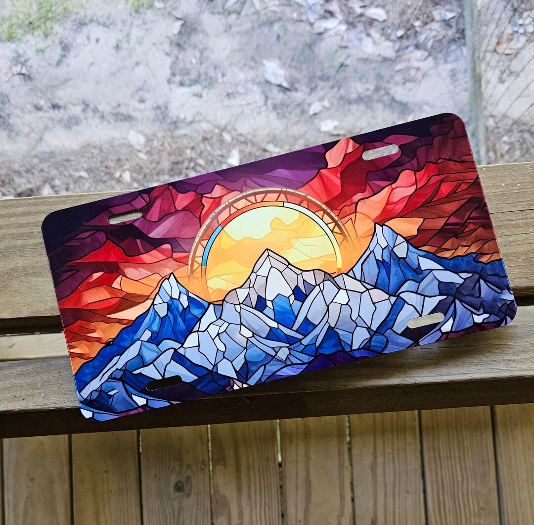 Stained Glass Mountain Sun License Plate. Retro Colors. Adventure ...