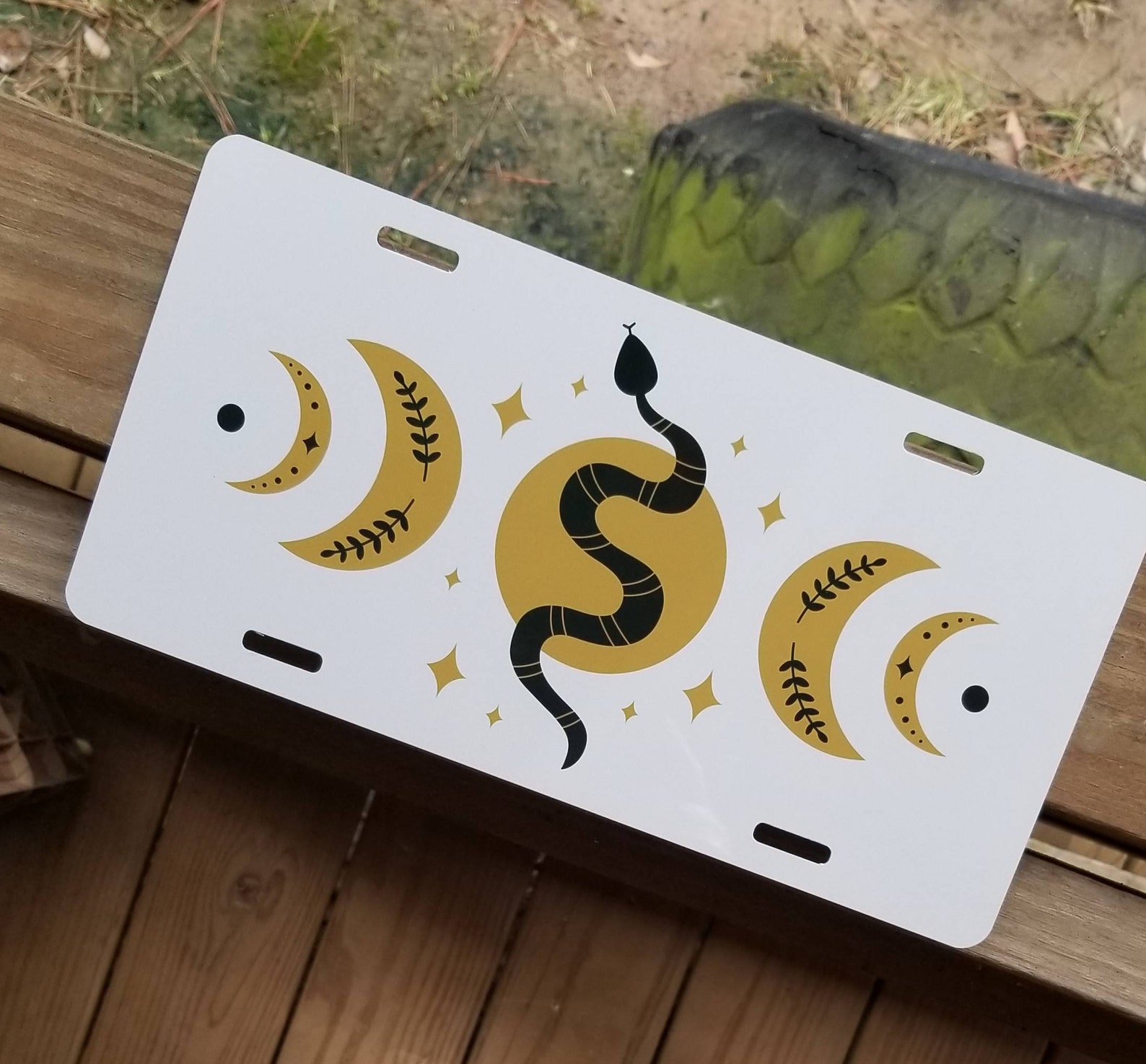Moon Phase and Serpent License Plate. Cream Black Tan Gold. - Etsy