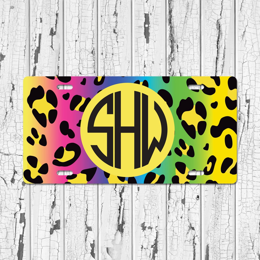 Monogram License Plate. Rainbow Tie Dye Cheetah Leopard Circle Monogram ...