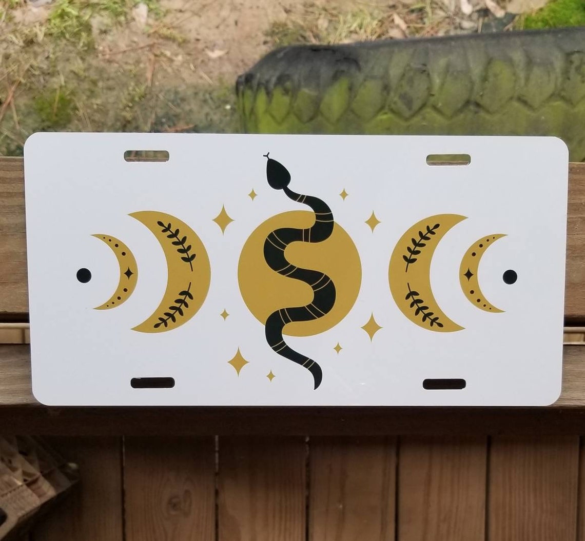 Moon Phase and Serpent License Plate. Cream Black Tan Gold. - Etsy