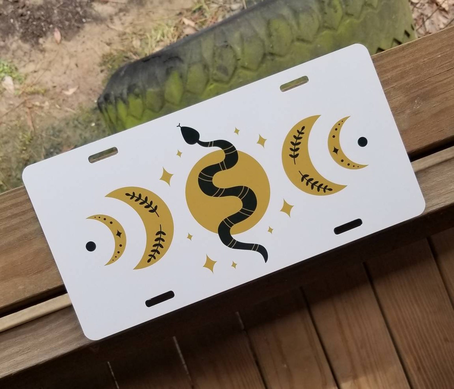 Moon Phase and Serpent License Plate. Cream Black Tan Gold. - Etsy