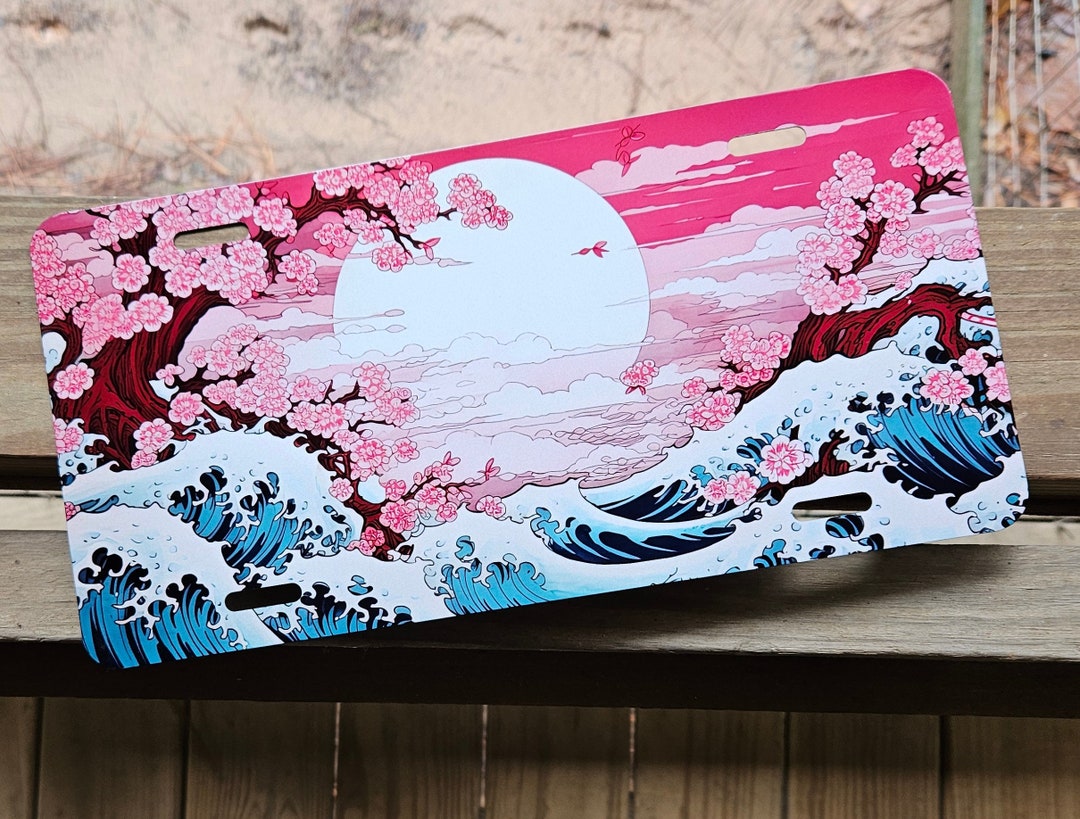 Japanese Cherry Blossom and Waves License Plate, Sun, Moon, Ocean, JDM ...