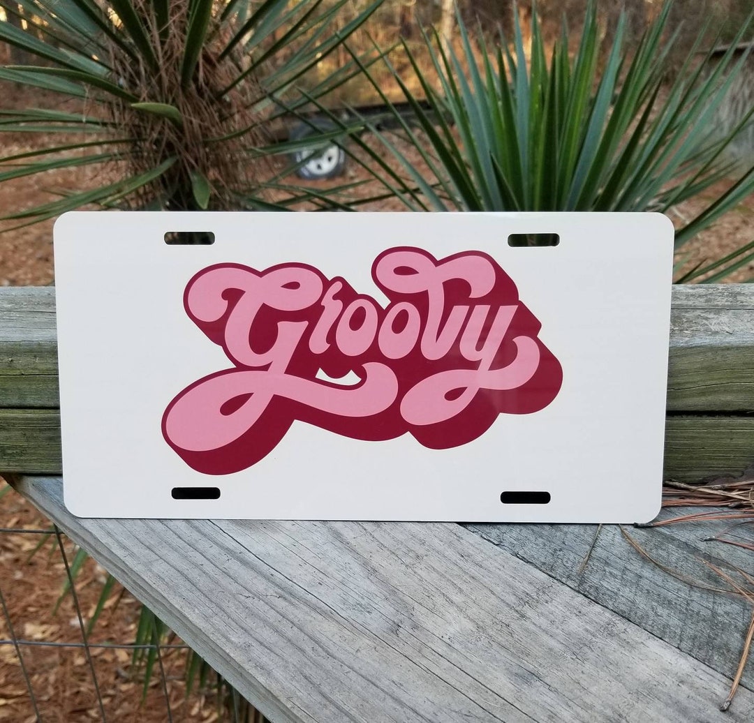 Aesthetic Groovy Hippie Retro License Plate. Cream and Peachy Pink ...