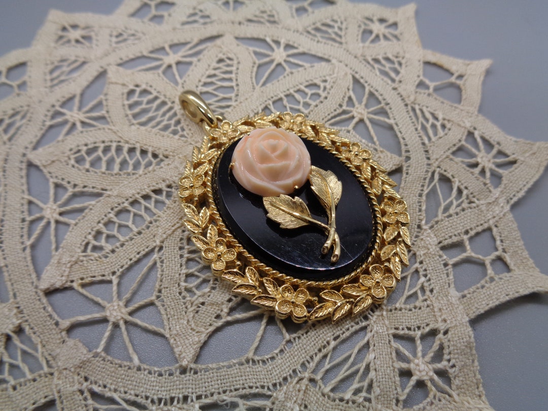 Vintage AVON Pendant With Mirror, Pink Rose on Black Glass in Beautiful ...