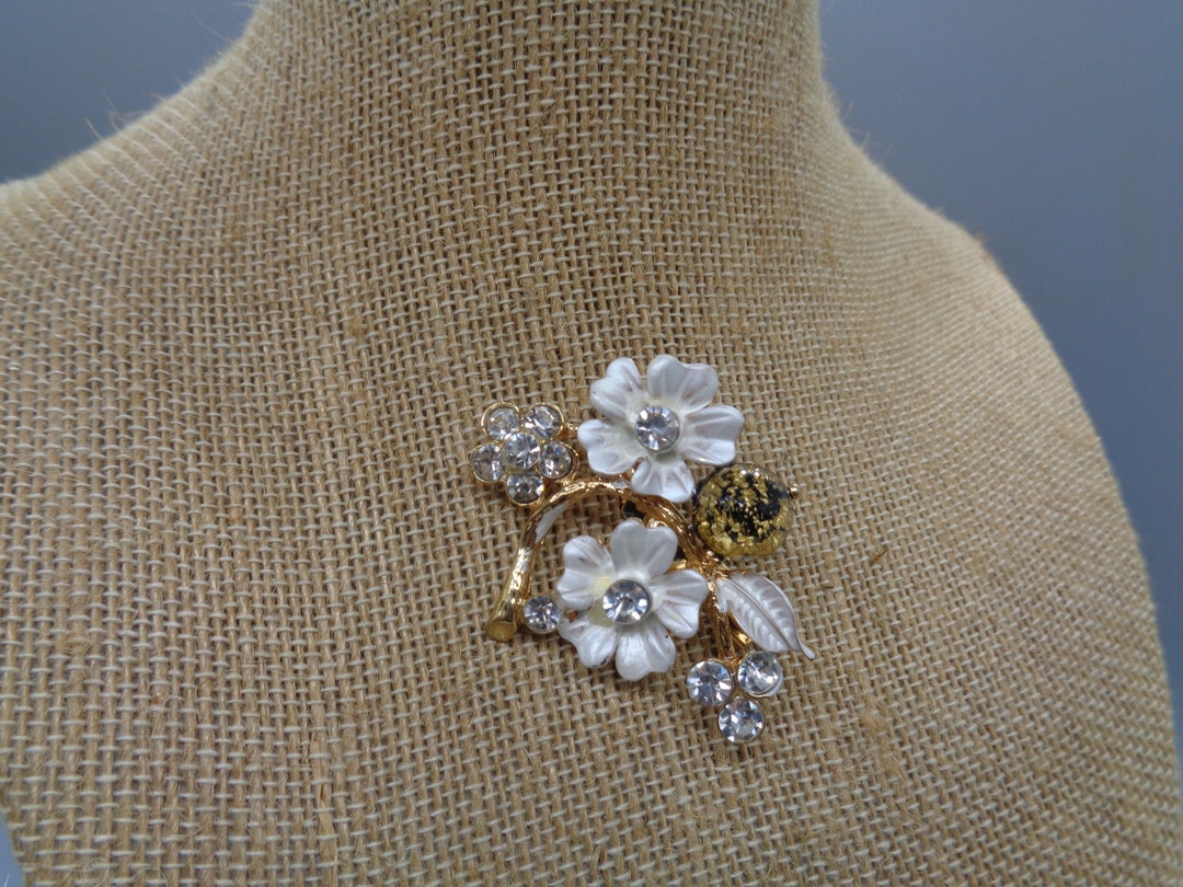 Vintage Brooch Floral White Enameled Flowers & Leaves Accented With ...