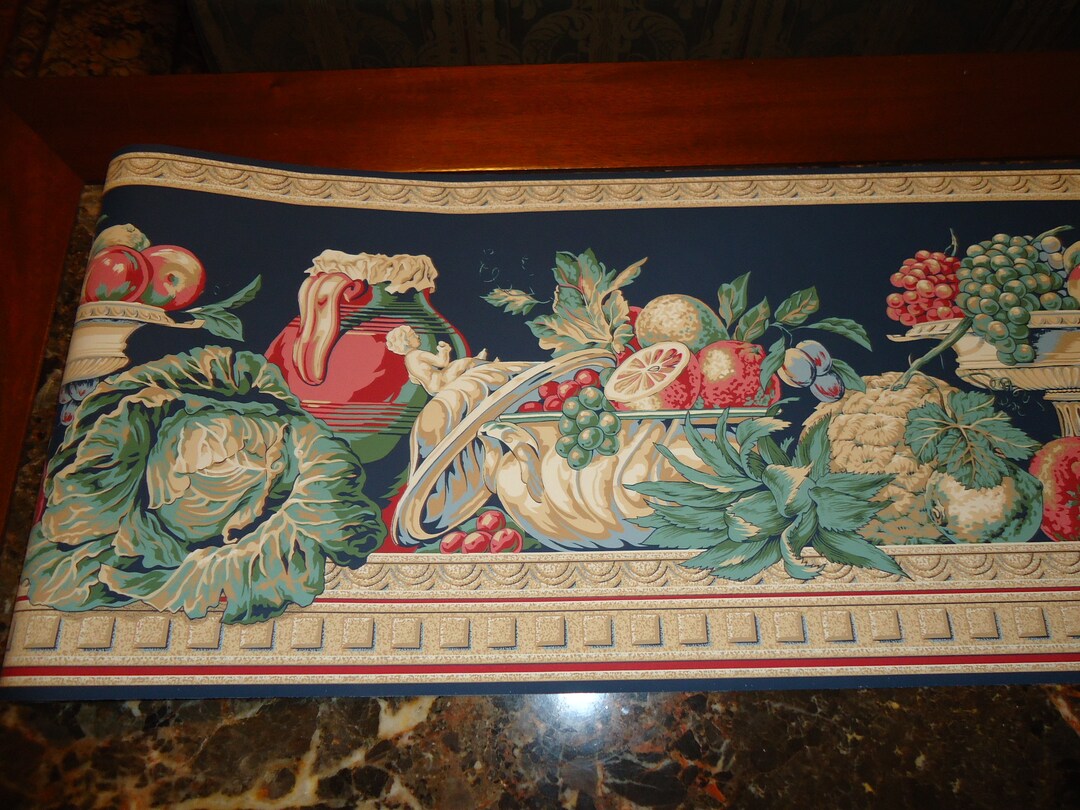 Vintage Wallpaper Border, Table Feast on Midnight Blue Background 13.5 ...