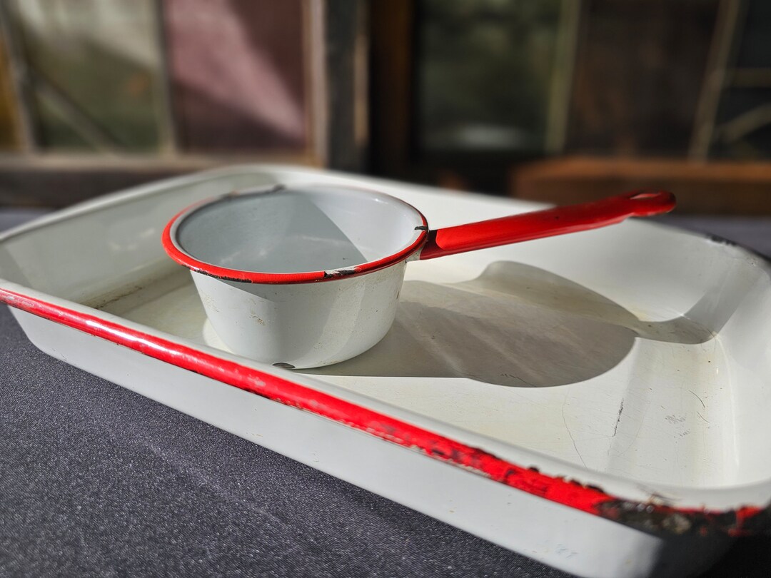 Vintage Enamelware, Large White Rectangular Lasagna Pan, Small Sauce ...