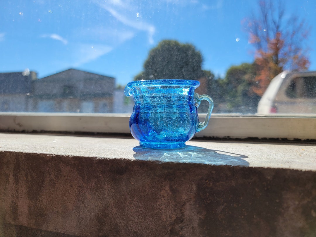 Mid Century Art Glass Window Pitcher Blue Bubble Glass, Mini Pitcher ...