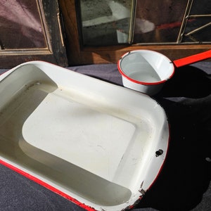 Vintage Enamelware, Large White Rectangular Lasagna Pan, Small Sauce ...
