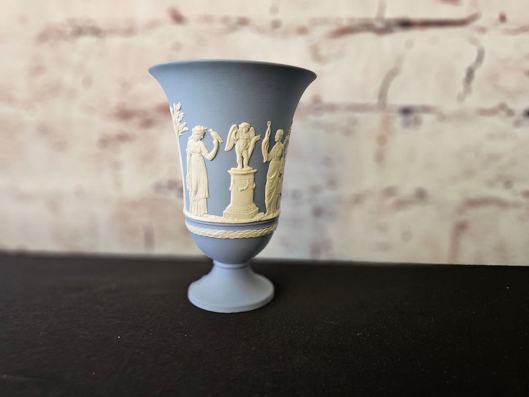 Wedgwood Jasperware Blue Vase With White Classical Figures 7.5 Inches ...