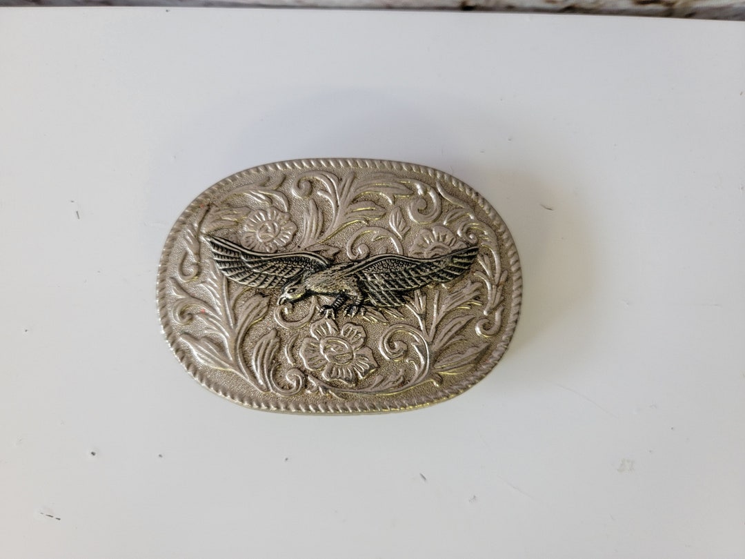 American Bald Eagle Belt Buckle Shiny Silver With Flying Bronze Eagle 3 ...