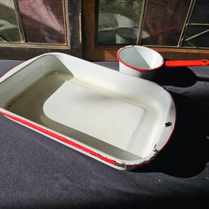 Vintage Enamelware, Large White Rectangular Lasagna Pan, Small Sauce ...