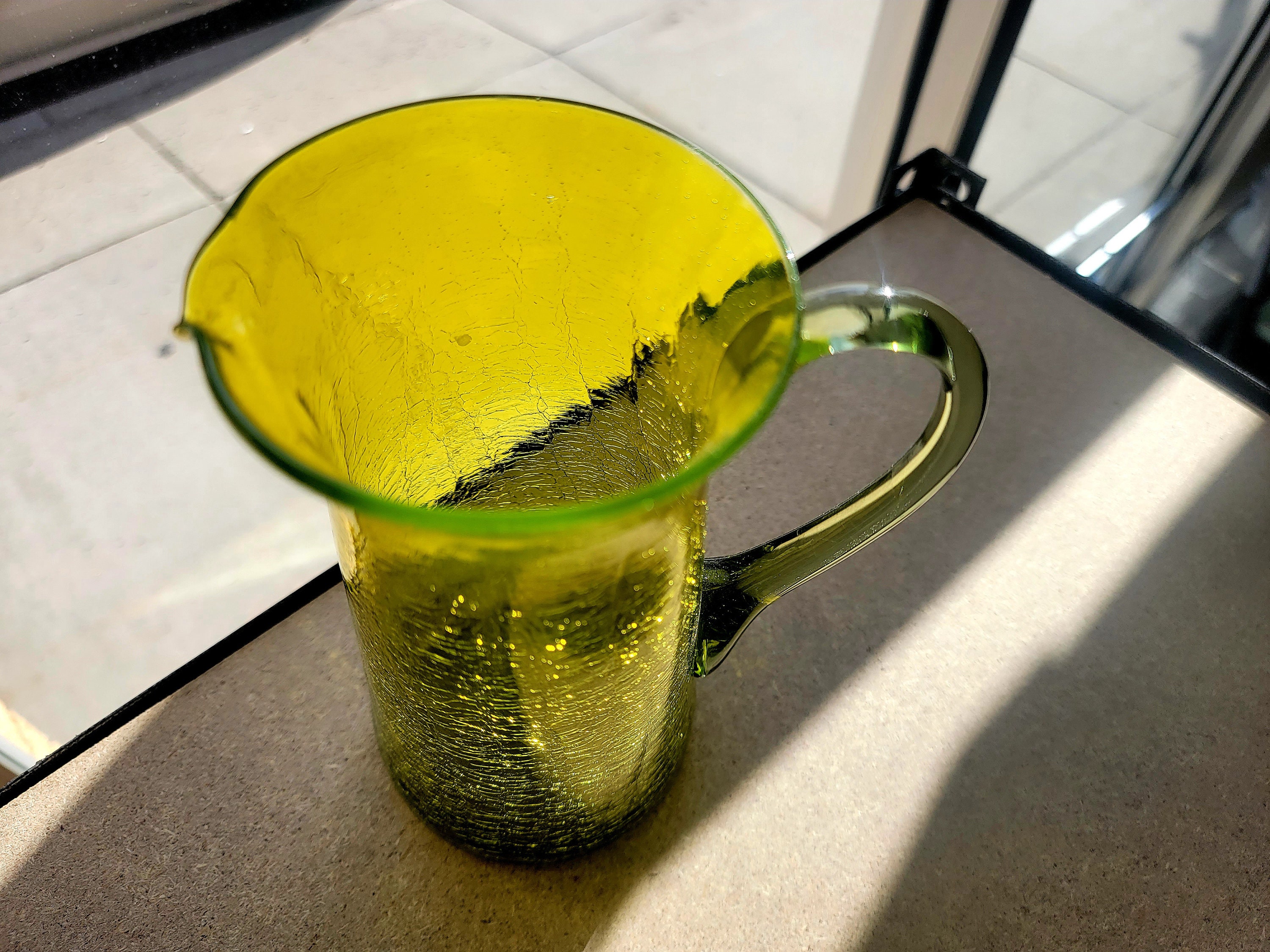 Vintage Pilgram Olive Green Crackle Glass Pitcher, MCM Art Glass - Etsy