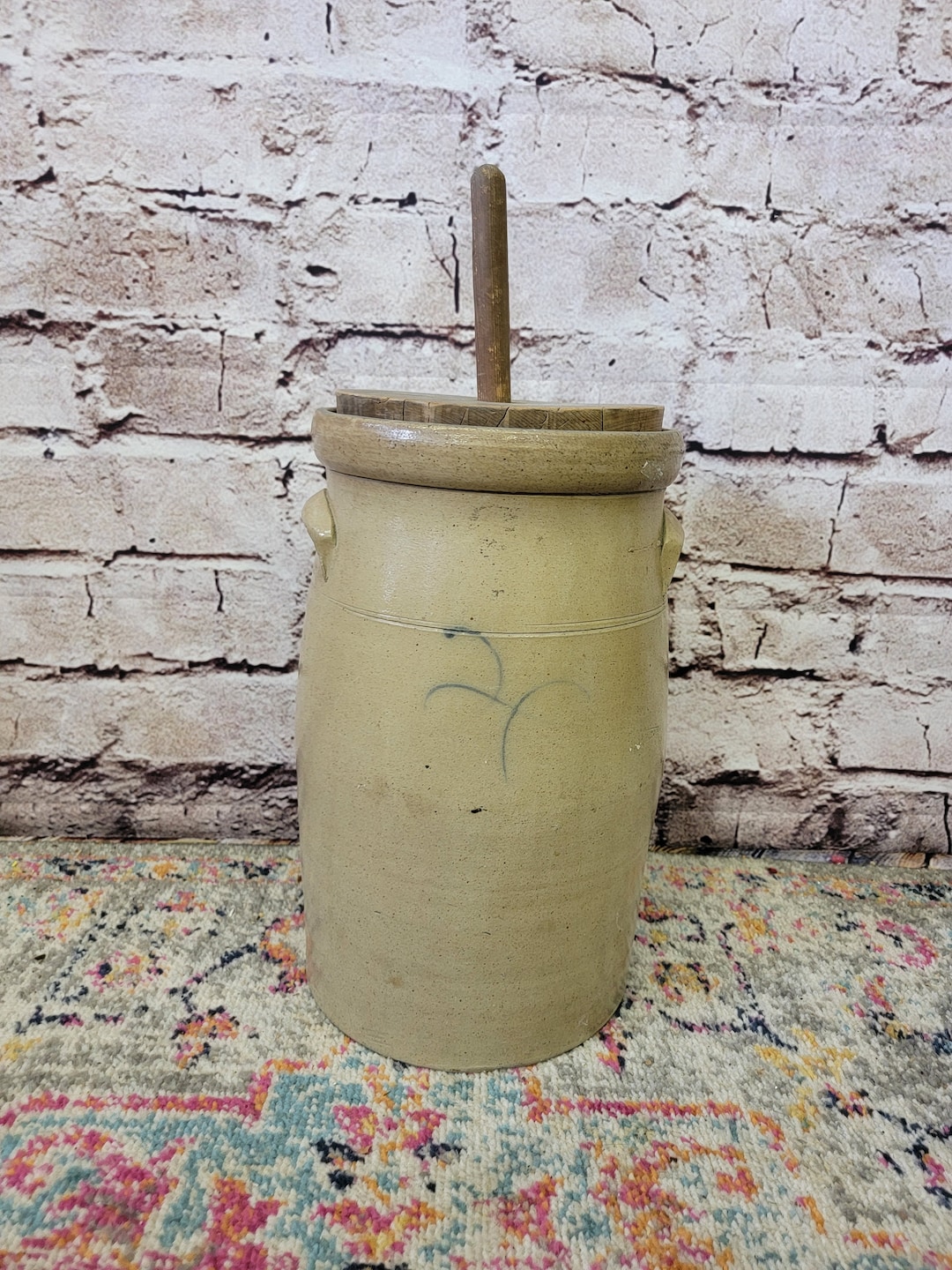 Antique 6 Gallon Butter Churn Red Wing Bee Sting Salt Glazed Crock With ...