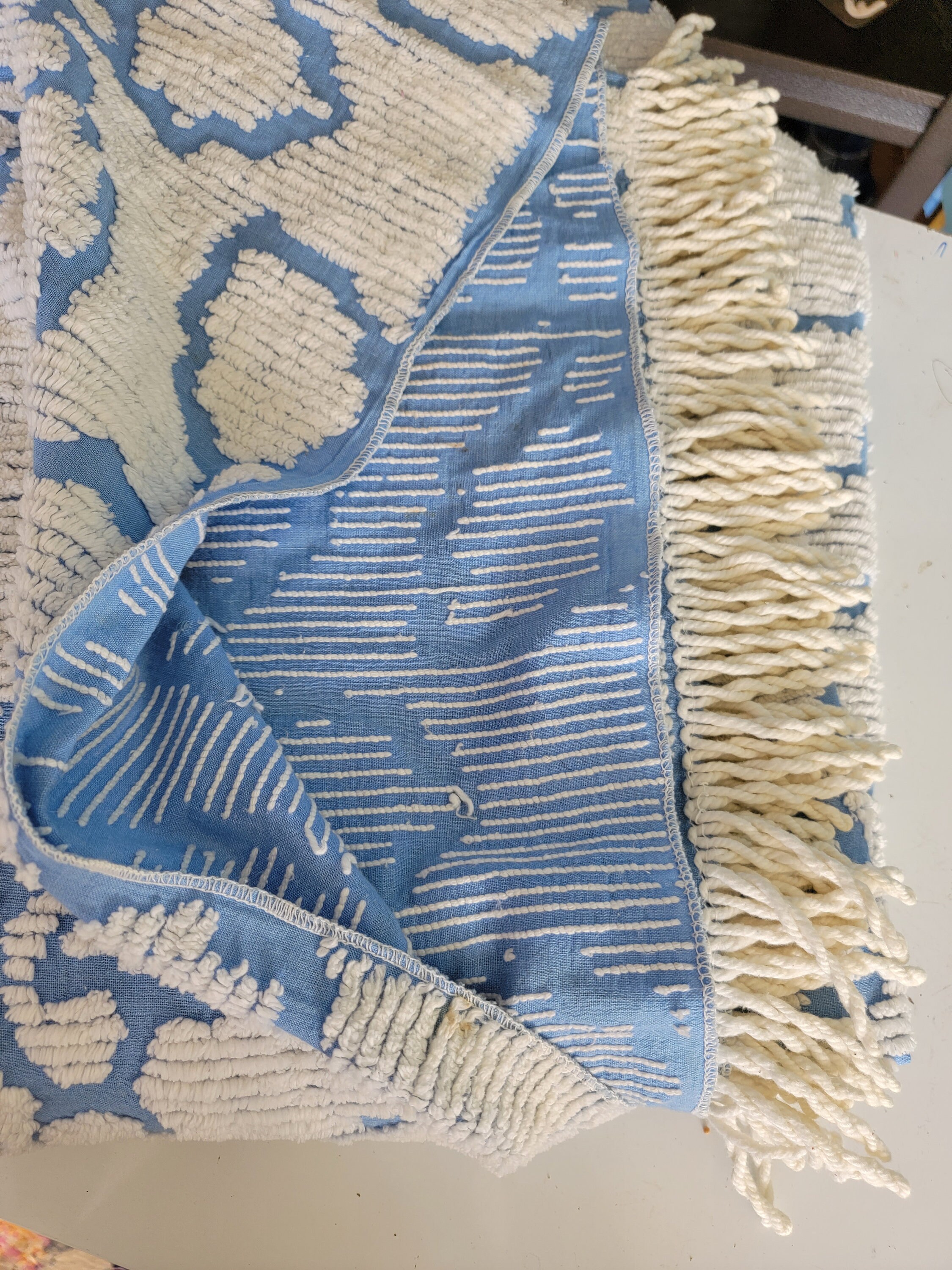 Vintage Cornflower Blue & White Chenille Bedspread Fluffy 100% Cotton ...