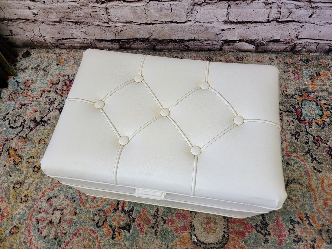 Vintage Leather Footstool Ottoman Button Tufted Coffee Table in off ...