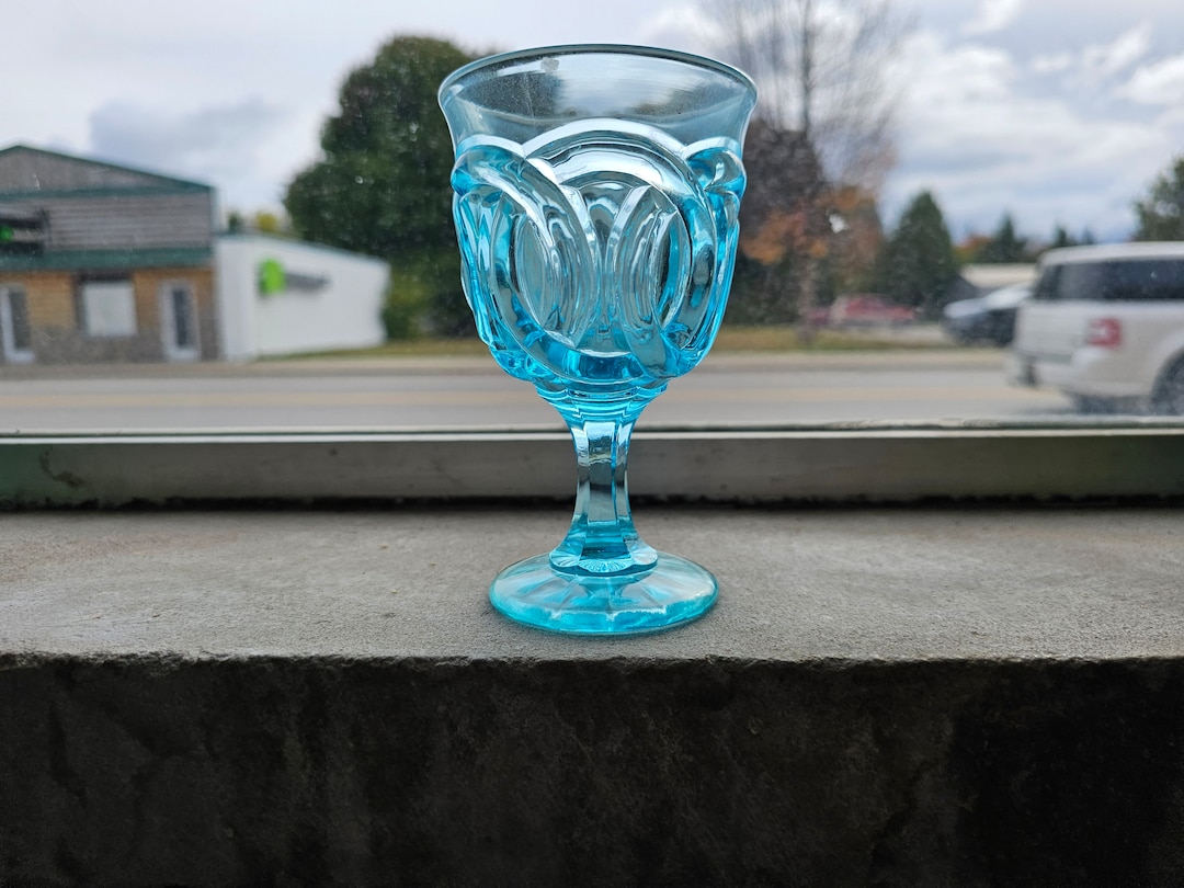 Water Glass Goblet Double Wedding Ring Blue by Wright Heavy Pressed ...