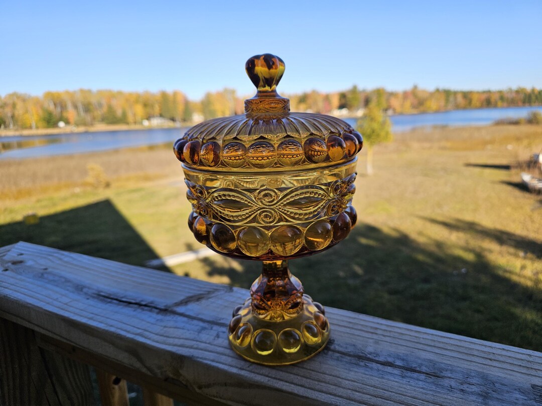 Eye Winker Covered Compote, Vintage MCM Art Glass, Mid Century, Amber ...