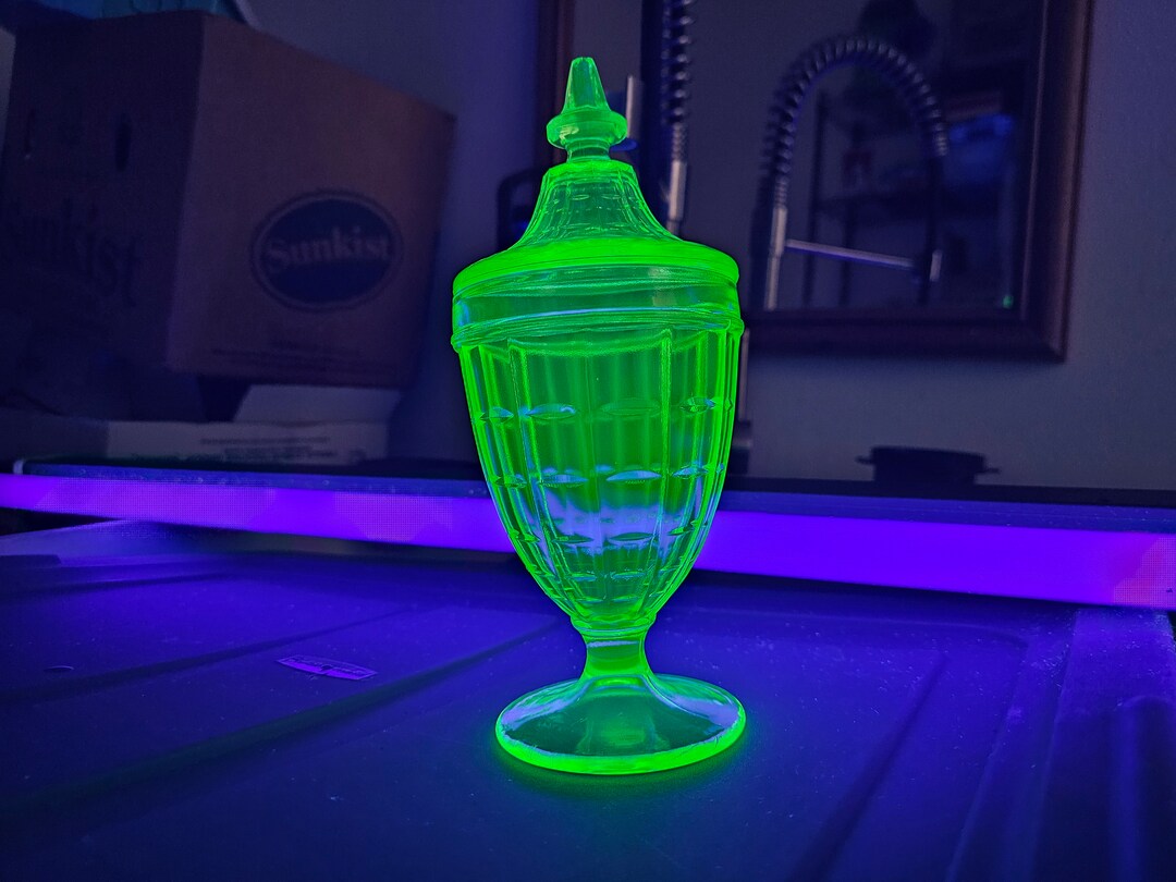 Vintage Uranium Glass Covered Candy Dish, Vaseline Depression Glass ...