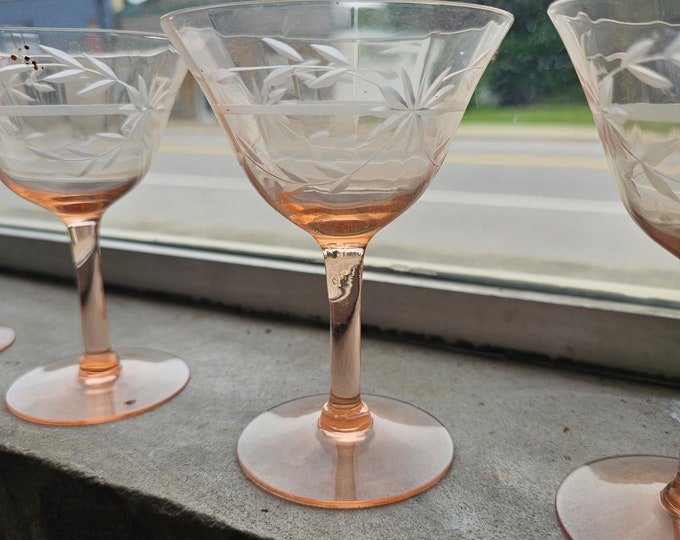 Pink Cut & Etched Daisy Pattern, Glass Champagne Goblet, Depression ...