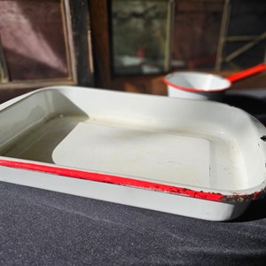 Vintage Enamelware, Large White Rectangular Lasagna Pan, Small Sauce ...